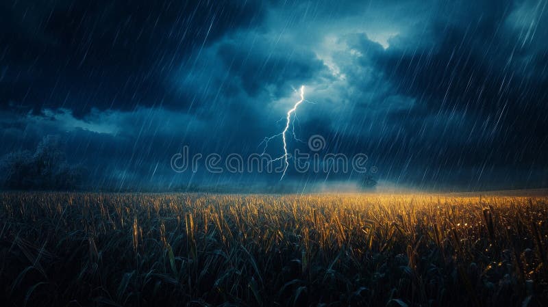 Lightning Storm Over Wheat Field during Heavy Rainfall. Thunder and ...