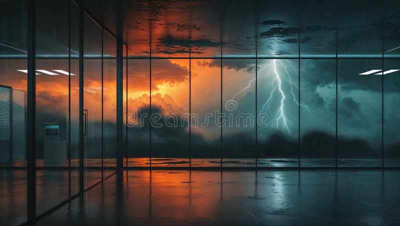 Lightning Storm Raging Outside Modern Office Windows during Sunset ...