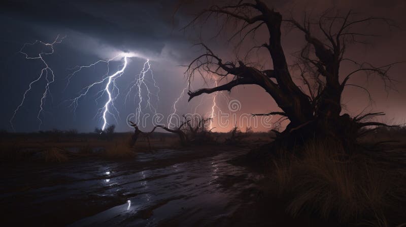 A Lightning Storm is Seen Over a River and a Dead Tree in the ...