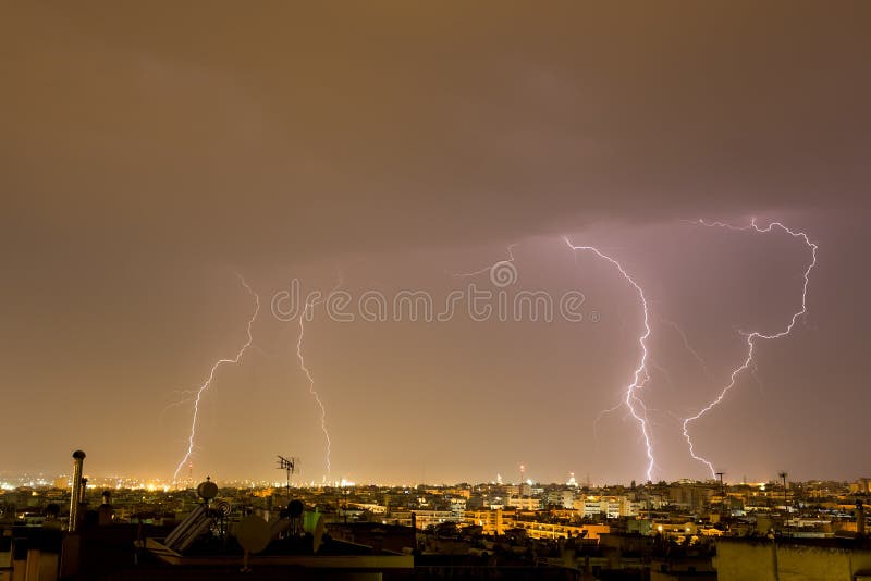 Lightning Storm Strikes the City of Thessaloniki, Greece Stock Image ...
