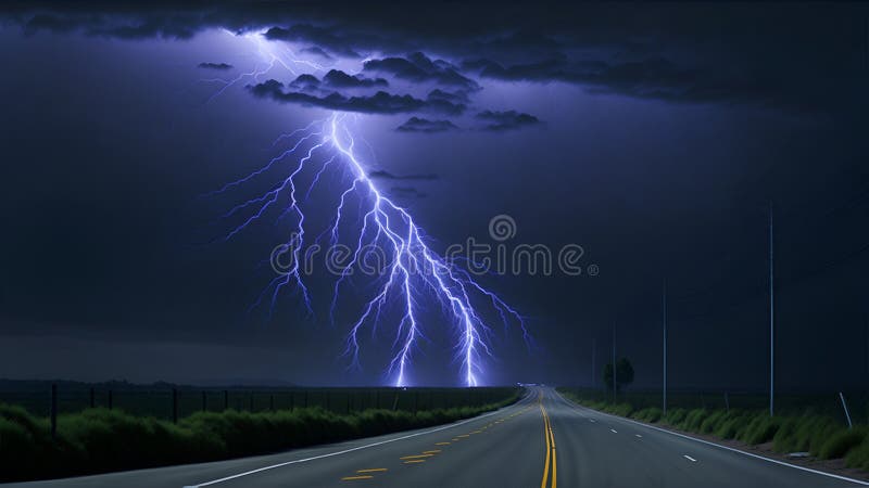Lightning Storm Strikes on Road. Ai Generated Stock Image - Image of ...