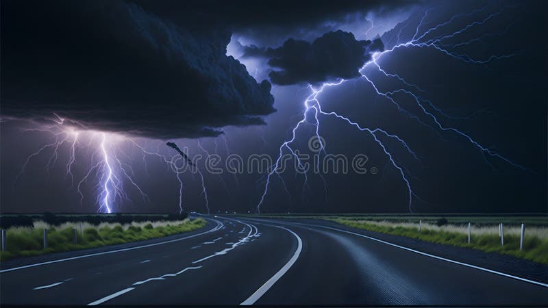 Lightning Storm Strikes on Road. Ai Generated Stock Photo - Image of ...