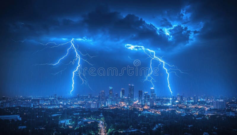 Lightning Storm Striking Modern Cityscape at Night with Dramatic Sky ...