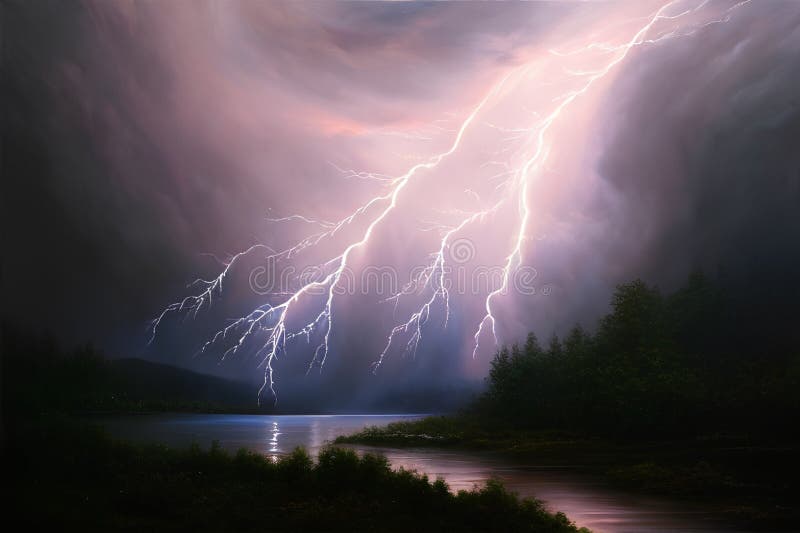 Lightning Thunderstorm on the River at Night Generative AI Stock ...