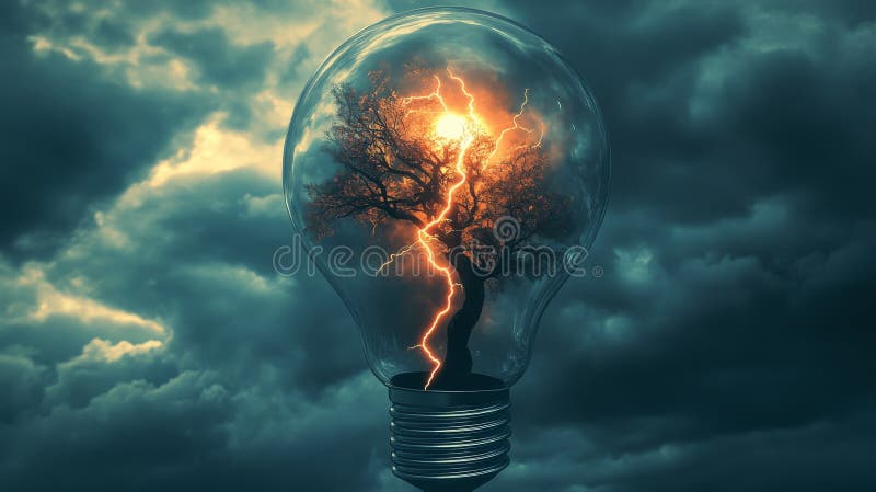 Lightning Storm Tree Inside Illuminated Light Bulb on Stormy Backdrop ...