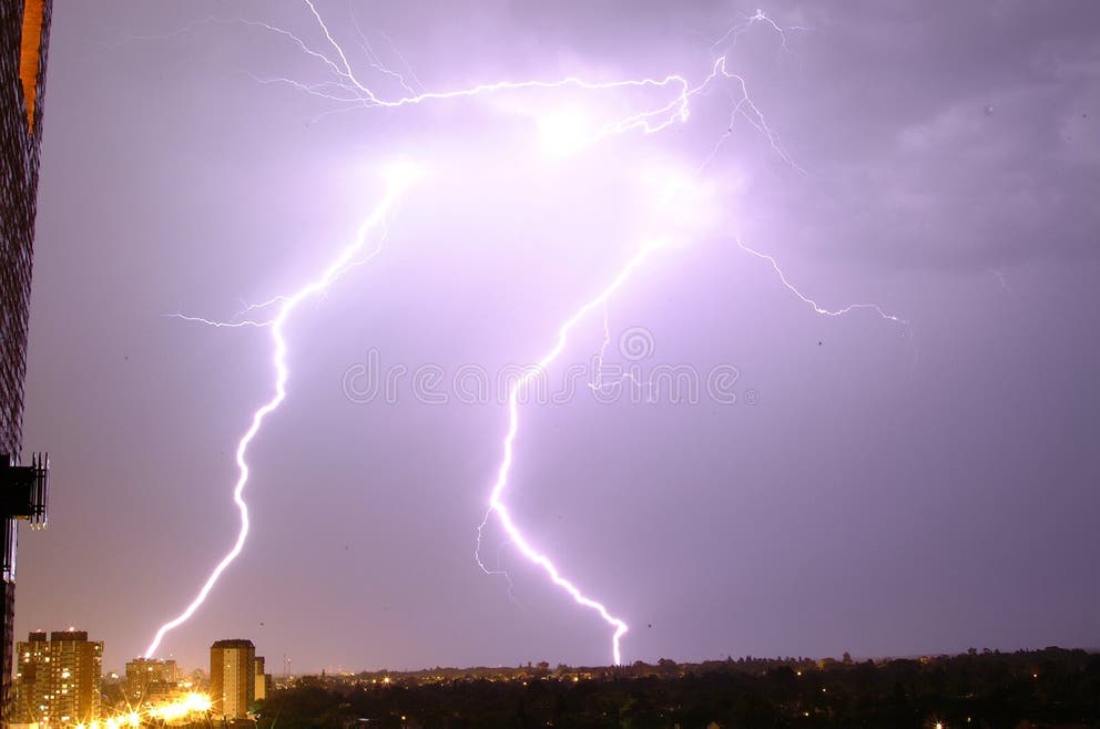 Lightning Streak from a Thunderstorm Cloud at Night in a Rural Setting ...