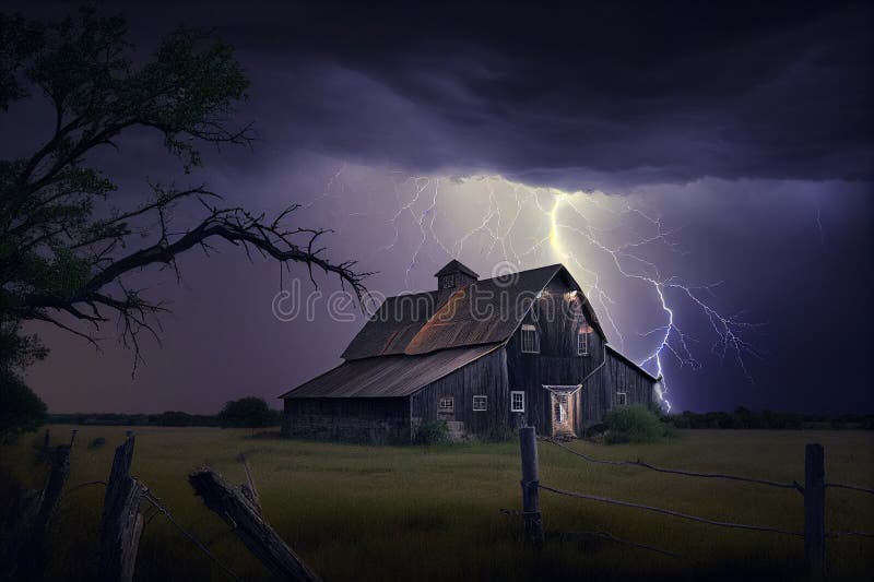 Lightning Strike Behind a Small Farmhouse. AI Generated Stock ...
