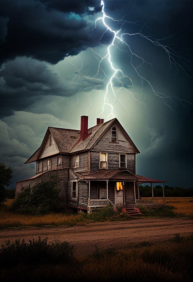 Lightning Strike Behind a Small Farmhouse. AI Generated Stock ...
