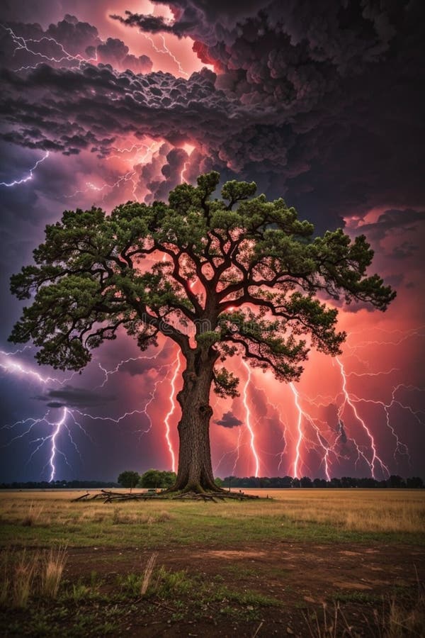 Lightning Strike a Big Tree Stock Illustration - Illustration of star ...