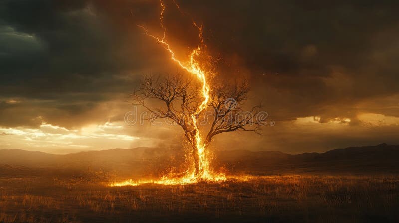 Lightning Strike Burns a Lone Tree in Dry Grassland.. Stock Image ...
