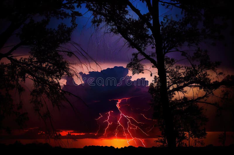 Lightning Strike in Dramatic Sunset Sky, with Silhouette of Trees ...