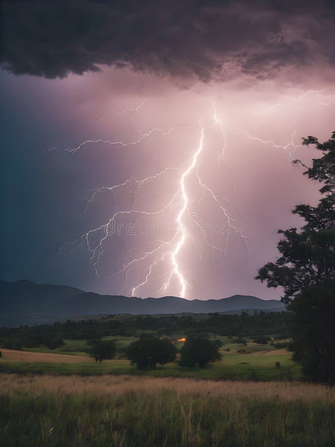 A Lightning Strike in the Middle of a Field with Trees Stock ...
