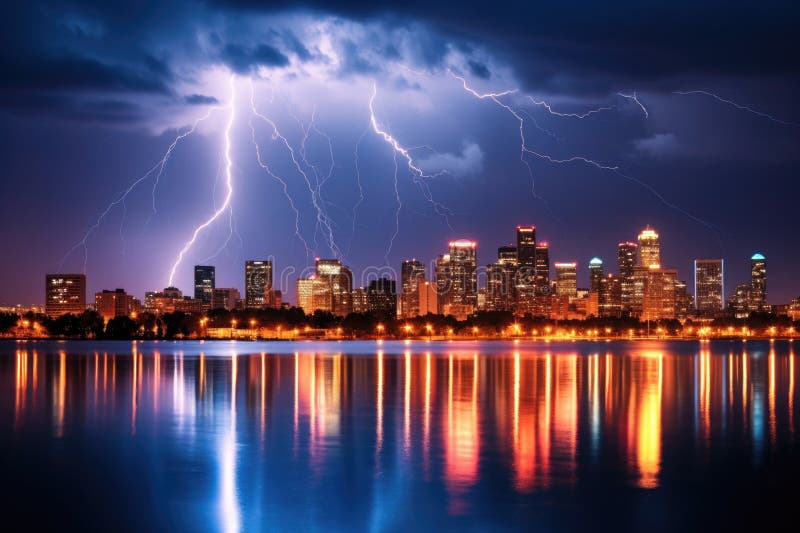 Lightning Strike Over a Citys Skyline during a Storm Stock Illustration ...