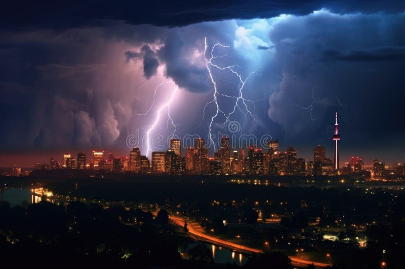 Lightning Strike Over a Citys Skyline during a Storm Stock Image ...