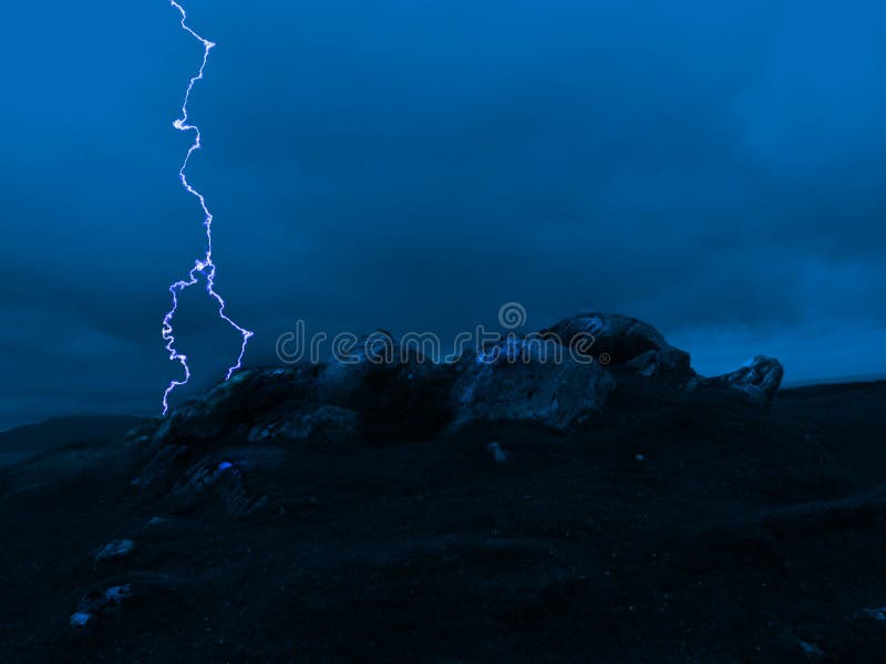 Lightning Strike Over Rock Formation Stock Illustration - Illustration ...
