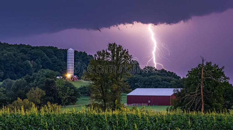 Lightning Strike Over Rural Farmland with Barn and Silo at Dusk Stock ...