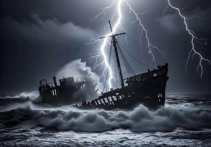 Lightning Strike Over Stormy Shipwreck at Night Stock Illustration ...