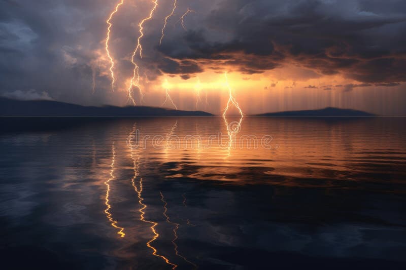 Lightning Strike Reflecting on Calm Sea Surface Stock Illustration ...