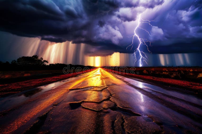 Lightning Strike on Road a Dramatic Image Capturing the Moment L Stock ...
