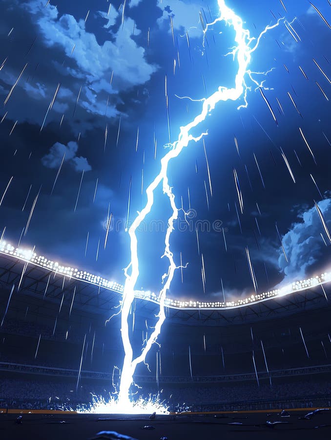 Lightning Strike at a Stadium during a Rainstorm Stock Illustration ...
