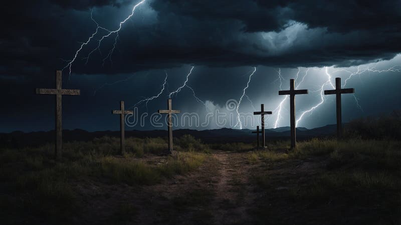 Lightning Strikes Behind Crosses on a Hill Under a Dark, Stormy Sky ...