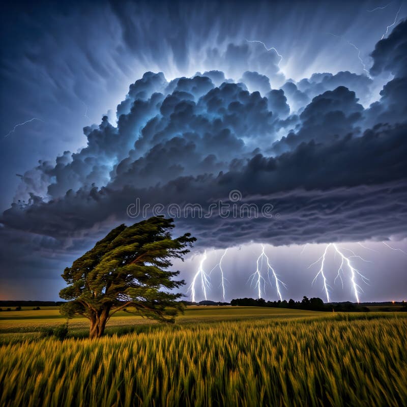 Lightning Strikes Behind a Lone Tree in a Field Under a Dramatic Storm ...