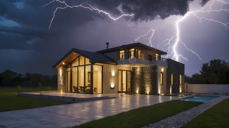 Lightning Strikes Behind a Secluded House Under Ominous Clouds Stock ...