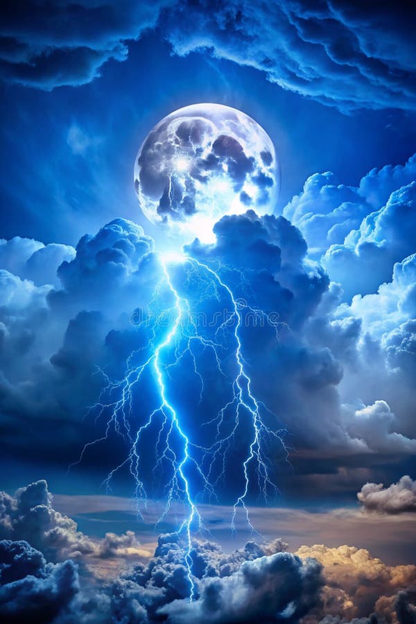 Lightning Strikes in Blue Stormy Clouds with Full Moon Stock Photo ...