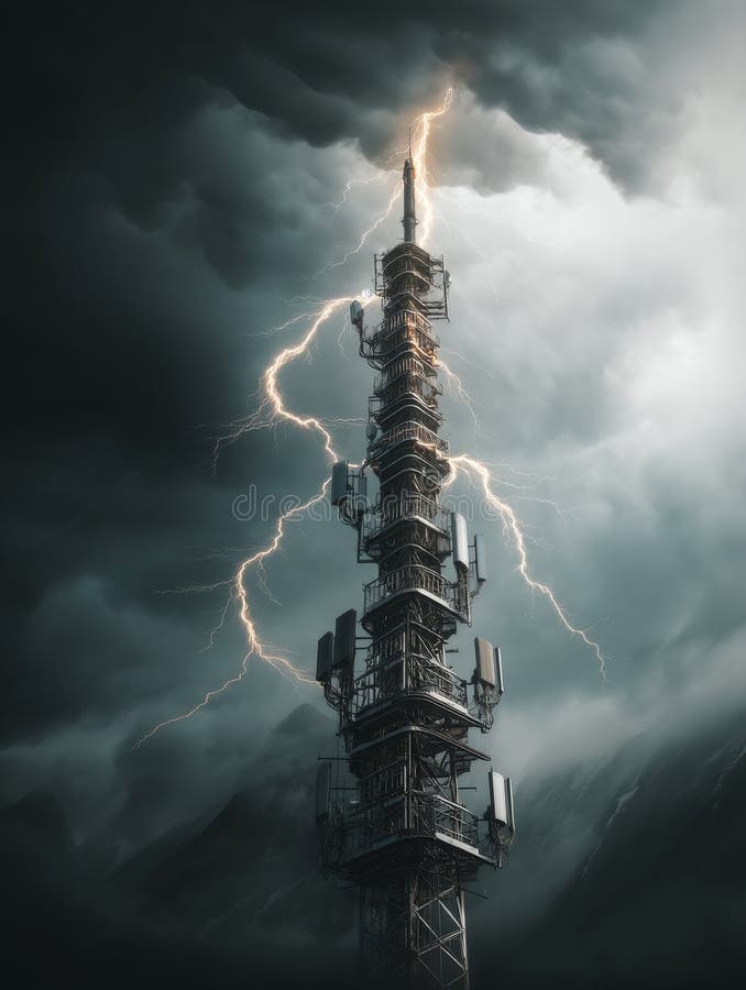 Lightning Strikes a Communication Tower Amidst Dark Storm Clouds during ...