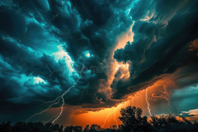 Lightning Strikes through Dark Storm Clouds Over the Woods at Night ...