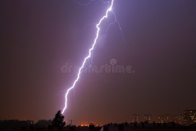 Lightning Storm Over City in Blue Light Stock Photo - Image of bolt ...