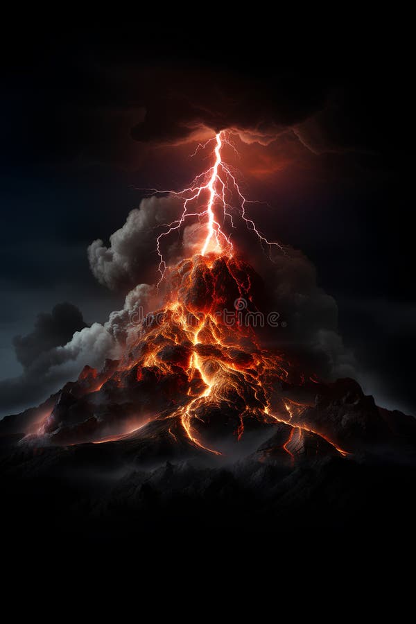 Lightning Strikes an Erupting Volcano on Black Background Stock ...