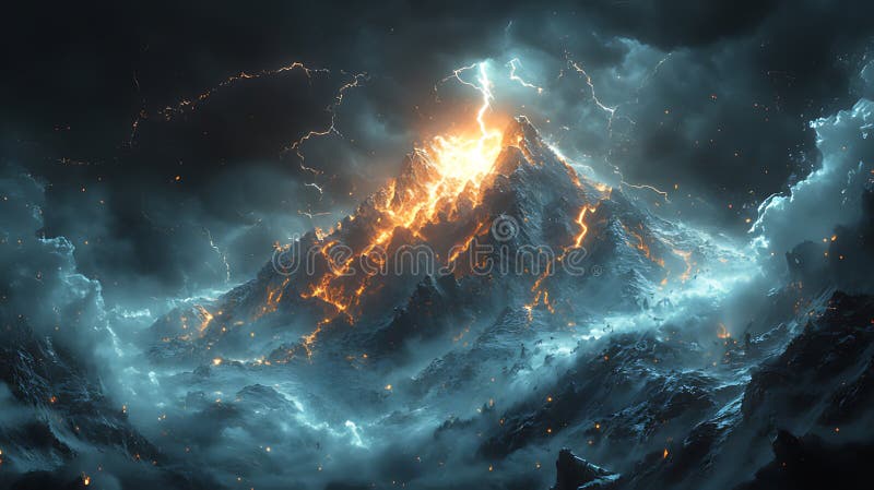 Lightning Strikes Fiery Mountain Peak, Stormy Cloudscape, Fantasy Game ...