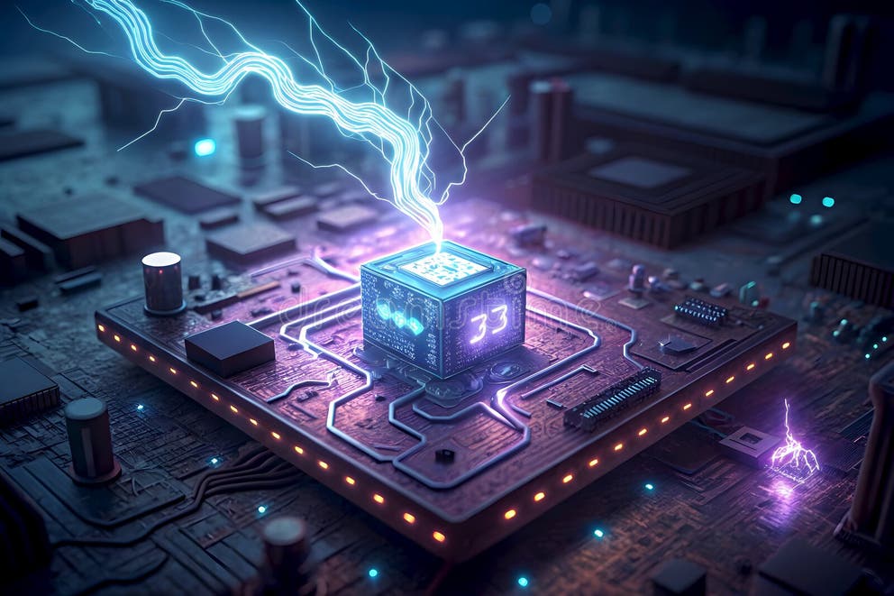 Lightning Strikes Futuristic Computer Chip Stock Illustration ...