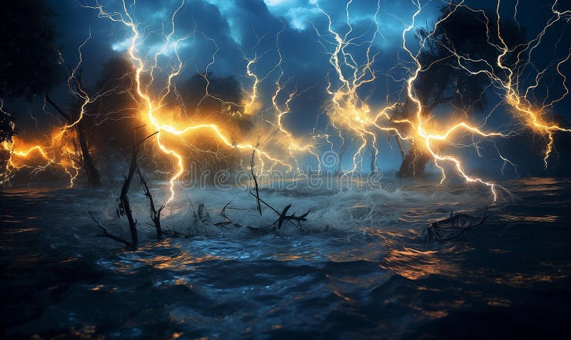Lightning Strikes the Ground in the Night Forest. 3D Rendering. Stock ...