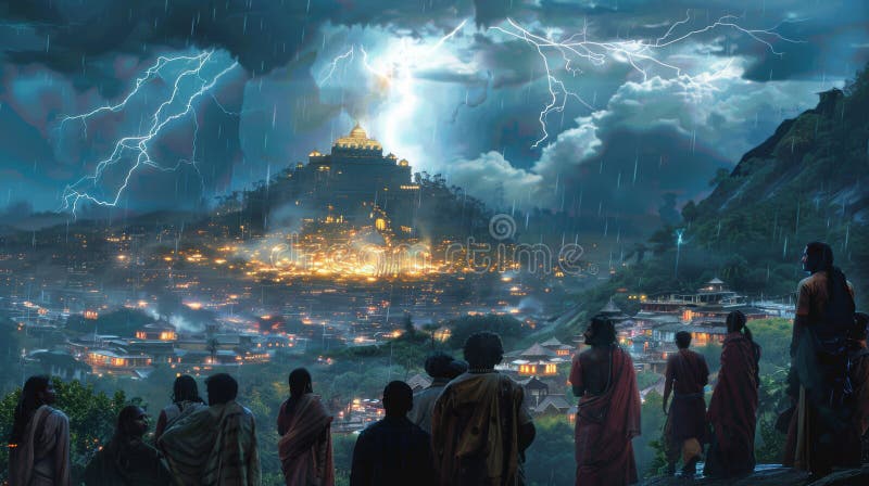 Lightning Strikes a Hilltop Temple during a Storm, with Devotees ...