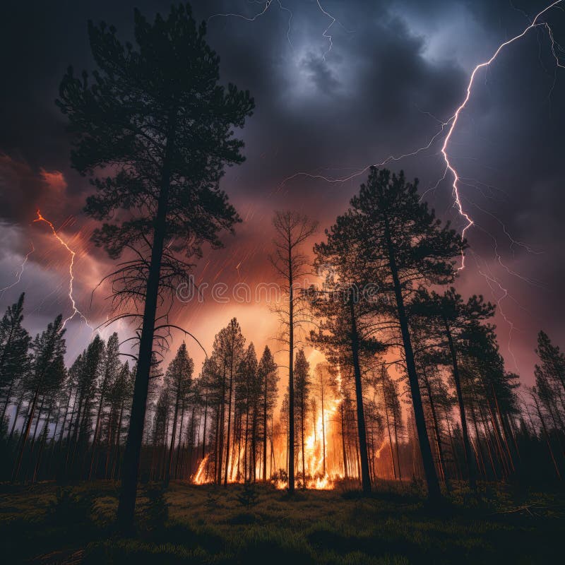 Lightning Storm Igniting Forest Fire at Twilight. - AI Generated Stock ...