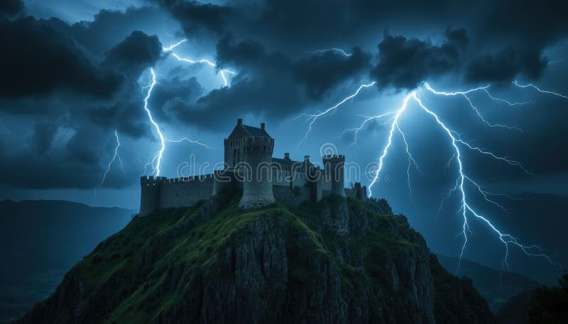 Lightning Strikes Illuminate a Medieval Castle. Stock Illustration ...