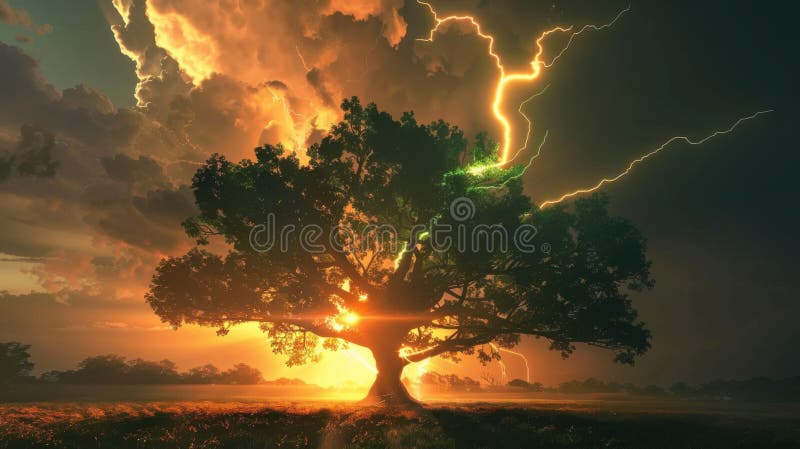 Lightning Strikes a Large Green Tree in Warm Tones. Stock Image - Image ...