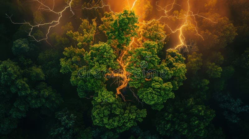 Lightning Strikes a Large Green Tree in Warm Tones. Stock Photo - Image ...