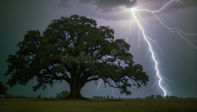 Lightning Strikes a Large Oak Tree during a Dramatic Thunderstorm on a ...