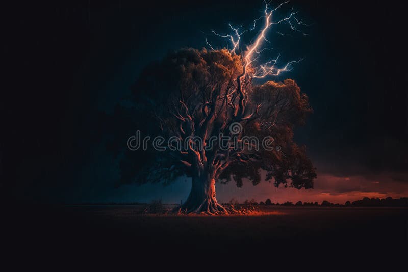 Lightning Strikes a Lonely Tree Stock Illustration - Illustration of ...