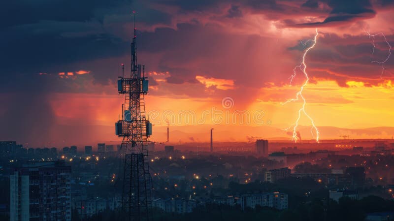 Lightning Strikes a Mobile Tower Against the Backdrop of a Big City ...