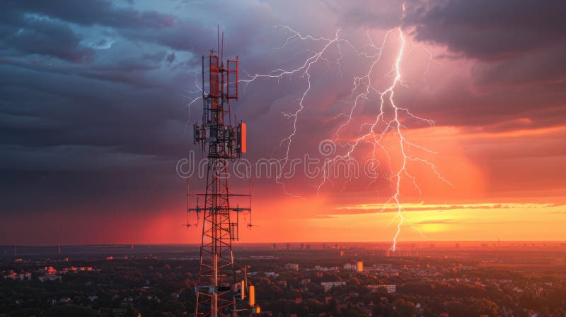 Lightning Strikes a Mobile Tower Against the Backdrop of a Big City ...