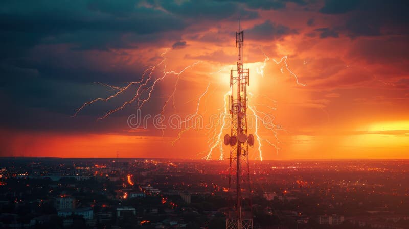 Lightning Strikes a Mobile Tower Against the Backdrop of a Big City ...