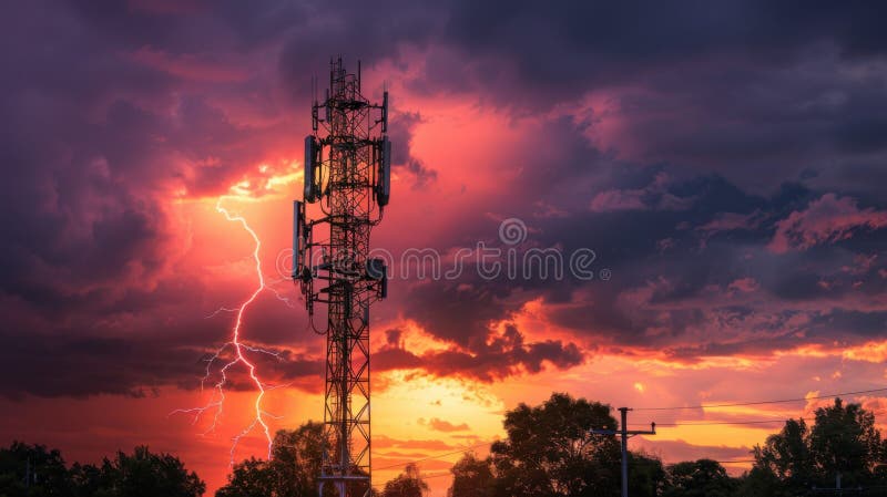 Lightning Strikes a Mobile Tower Against the Backdrop of a Big City ...