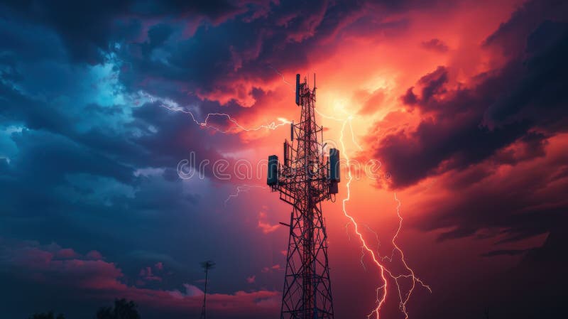 Lightning Strikes a Mobile Tower Against the Backdrop of a Big City ...