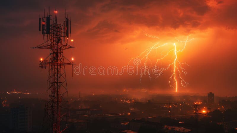 Lightning Strikes a Mobile Tower Against the Backdrop of a Big City ...