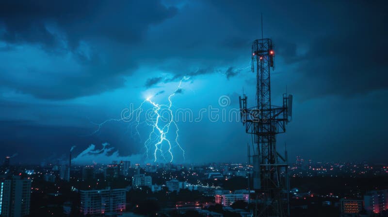 Lightning Strikes a Mobile Tower Against the Backdrop of a Big City ...