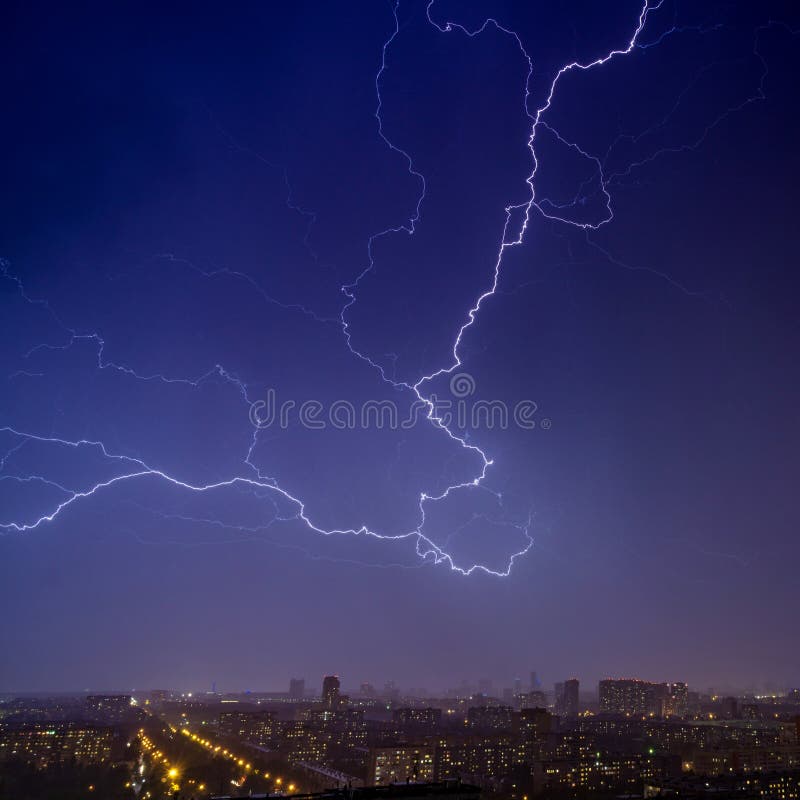 Lightning Strikes in the Night Sky Over the Night Town 2 Stock Image ...